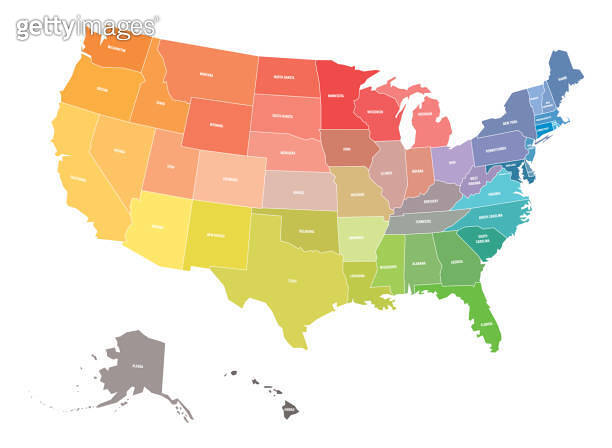 Map of USA, United States of America, in colors of rainbow spectrum ...