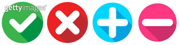 Set of flat square check mark, X mark, plus sign and minus sign icons ...