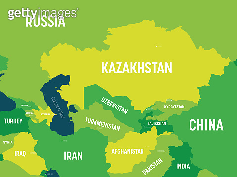 Central Asia map - green hue colored on dark background. High detailed ...