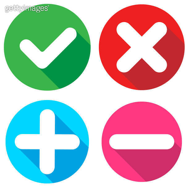 Set of flat square check mark, X mark, plus sign and minus sign icons ...