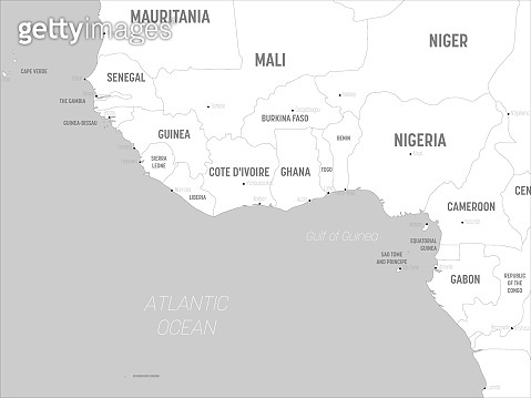 Western Africa map - white lands and grey water. High detailed ...