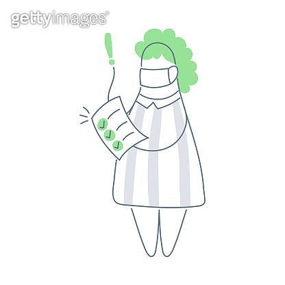 Woman with a medical face mask, check list and an exclamation mark in ...