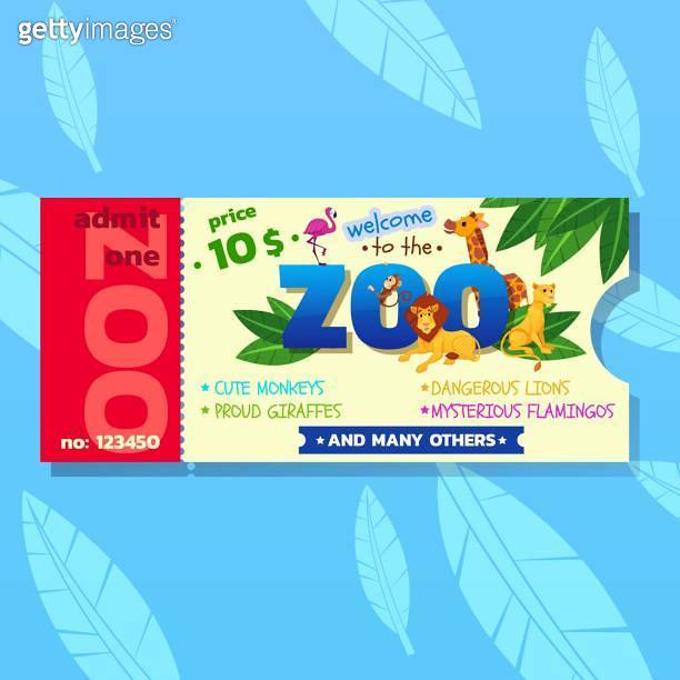 Zoo Ticket Design Lion Giraffe Monkeys Flamingo 이미지 (1206785077) - 게티이미지뱅크