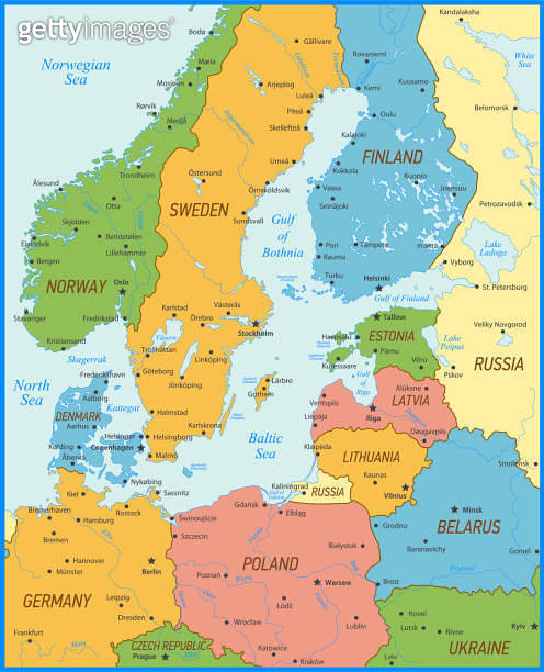 Detailed Baltic Sea Area Map with Capital Cities, Rivers and National ...