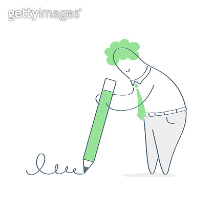 Signature, signing, cartoon character writing text with the help of big ...