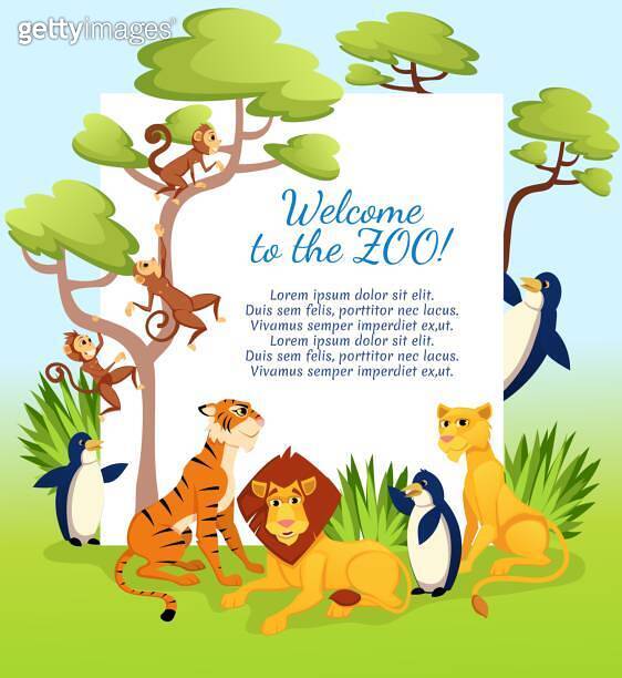 Welcome to Zoo, Wild Animals on Nature Background 이미지 (1214003188) - 게티 ...