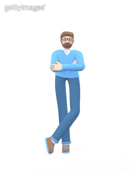 Young cheerful guy with a beard in glasses posing hands on his chest ...