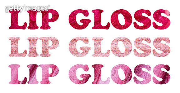 The word Lip gloss from various makeup products isolated on white ...