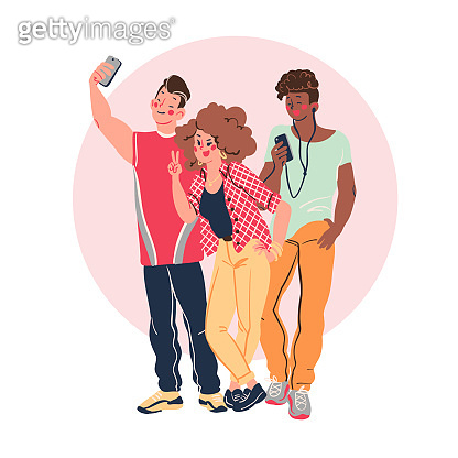 Group of young stylish modern teenagers people with smartphones and ...