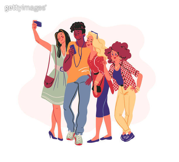 Group of young stylish modern teenagers people with smartphones and ...