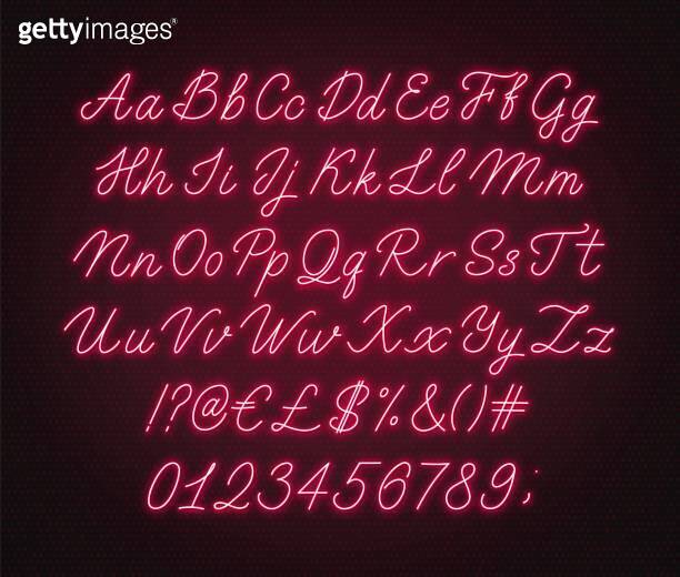 Neon red script alphabet. Glowing cursive font with letters, numbers ...