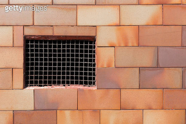 Old basement window with a rusty old prison iron grate with cobwebs on ...