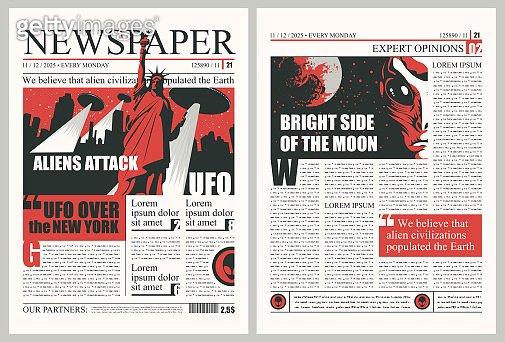 template for layout of us newspaper on UFOs theme (1292597214) - 게티이미지뱅크