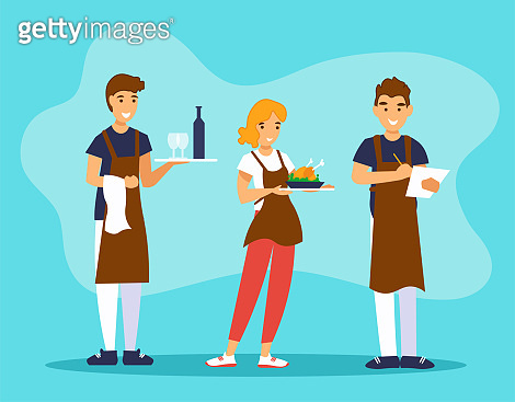 Waiters and waitress are holding trays of food and drinks. Restaurant ...
