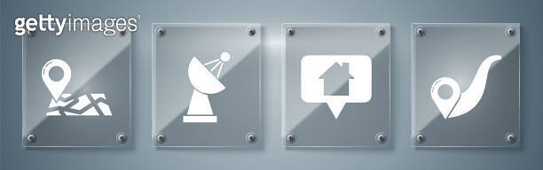 Set Route location, Map pointer with house, Radar and Folded map with location marker. Square ...