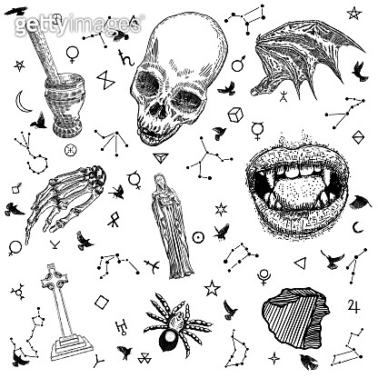 Occult mystic alchemy witchcraft elements set. Vampire fangs and lips ...
