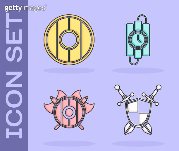 Set Medieval shield with crossed swords, Round wooden shield, Medieval ...