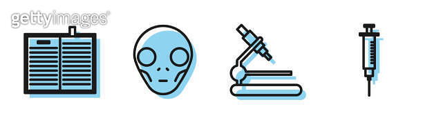 Set line Microscope, Open science book, Extraterrestrial alien face and ...