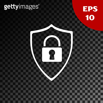 White Shield security with lock icon isolated on transparent dark ...