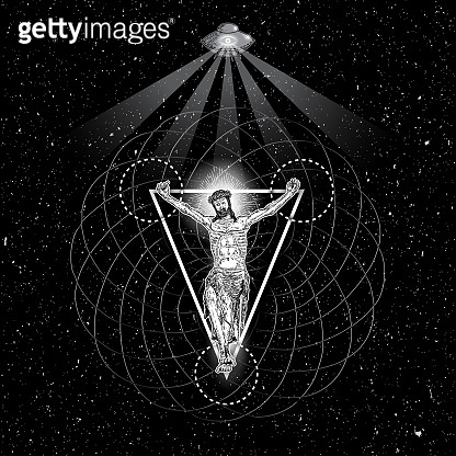 Jesus Christ crucifixion in the starry sky space tattoo. Prophet on ...