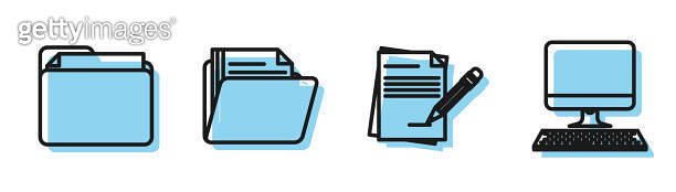 Set line Blank notebook and pencil with eraser, Document folder ...