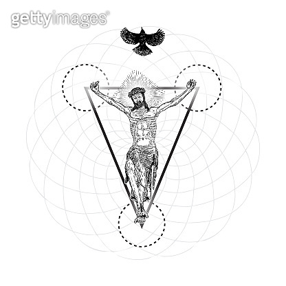 Jesus Christ modern interpretation of crucifixion with bird fly over ...