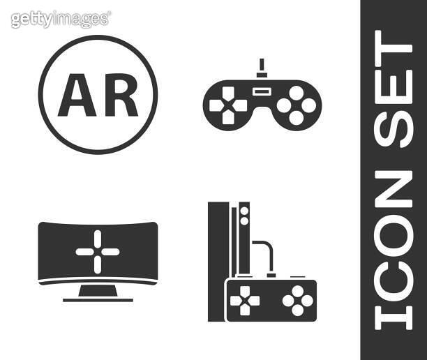 Set Game console with joystick, Ar, augmented reality, Computer monitor and Gamepad icon. Vector ...