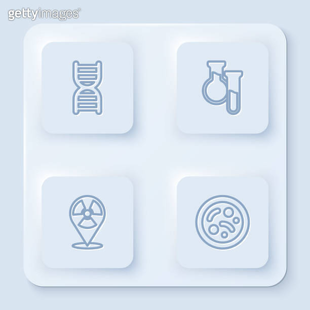 Set line DNA symbol, Test tube and flask, Radioactive in location and ...