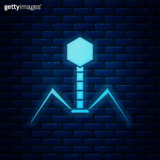 Glowing neon Bacteria bacteriophage icon isolated on brick wall ...