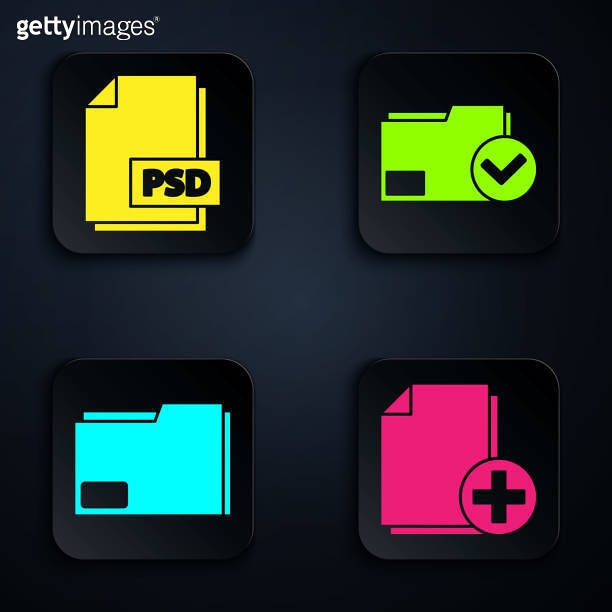 Set Add new file, PSD file document, Document folder and Document folder and check mark. Black ...