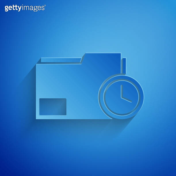 Paper cut Document folder with clock icon isolated on blue background ...