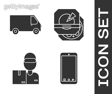 Set Mobile phone with app delivery tracking, Delivery cargo truck vehicle , Delivery man with ...
