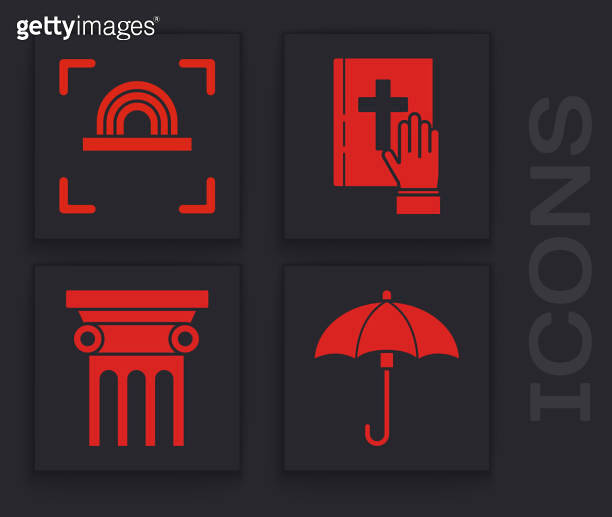 Set Umbrella, Fingerprint, Oath on the Holy Bible and Law pillar icon ...