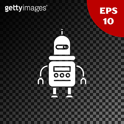 White Robot icon isolated on transparent dark background. Vector ...