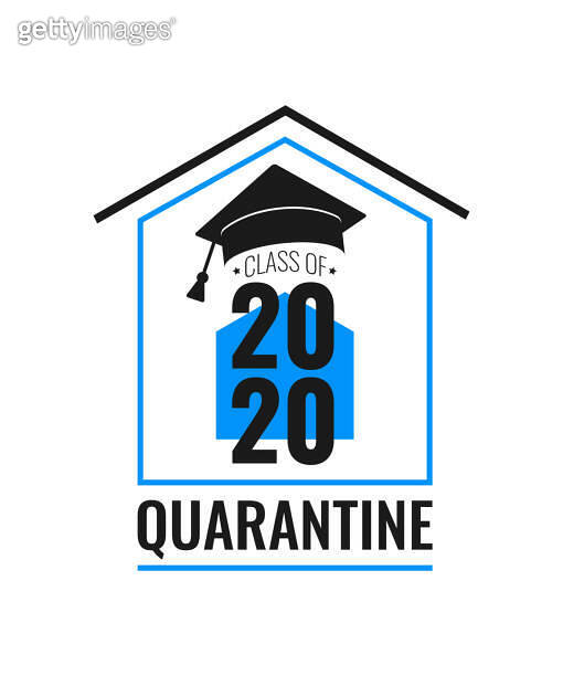 Class of 2020 quarantine. Black number, education academic cap on blue ...