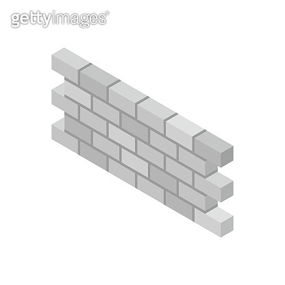 Isometric cinder block wall with cement mortar isolated on white ...