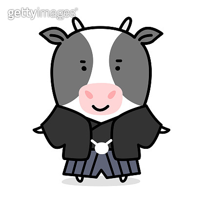 An illustration of a cow character wearing Japanese formal "Hakama ...
