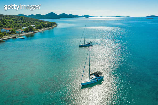 Anchored sailboats at bay of Ist, island, Dalmatia, Croatia (1214854824 ...