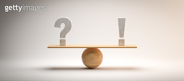 wooden scale balancing a question mark and an exclamation mark - 3d ...