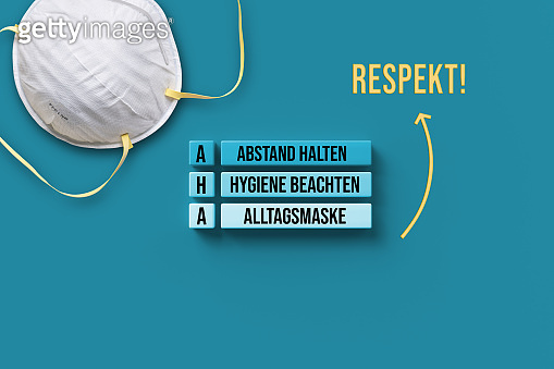 German acronym AHA for the three rules in a pandemic DISTANCE, HYGIENE ...