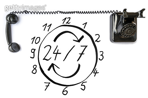 available by phone around the clock, shown with a clock and an old ...