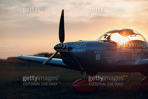 Small private single engine propeller airplane at regional airport ...