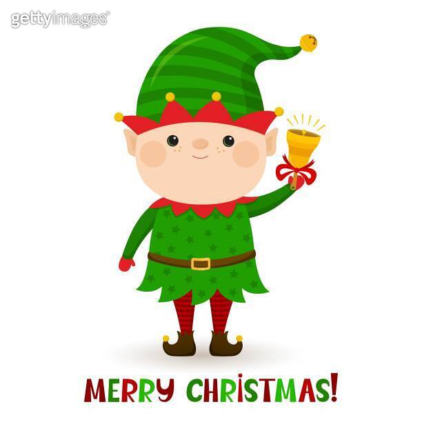 Little cartoon vector Christmas elf with jingle bell and text. Card ...