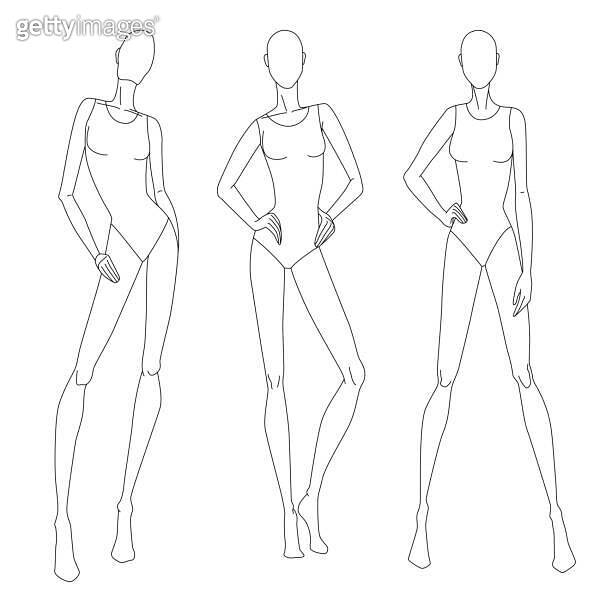 Technical drawing of woman's figure. Vector thin line girl model ...