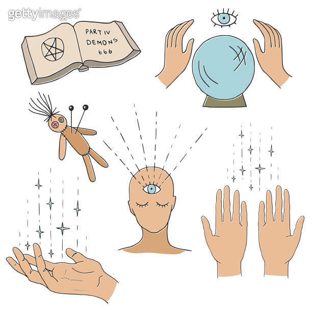 Set of hand drawn illustrations of voodoo doll, crystal ball and ...
