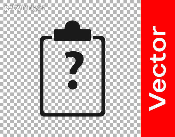 Black Clipboard with question marks icon isolated on transparent ...