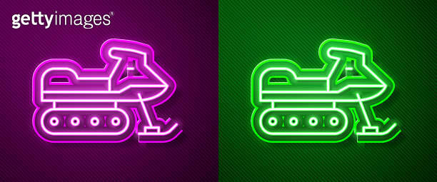 Glowing neon line Snowmobile icon isolated on purple and green ...