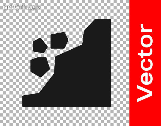Black Landslide icon isolated on transparent background. Stones fall ...