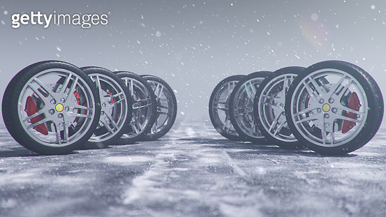 3d illustration Winter tires on a with falling snow background of snow ...