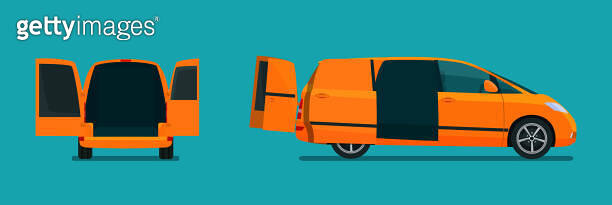 Cargo compact van with open tailgate. Side view and back view. Vector ...